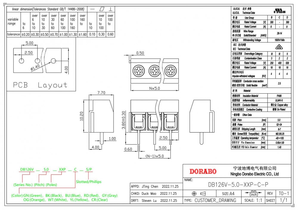 DORABO DB126V-5.0-2P-BK-P technical document preview