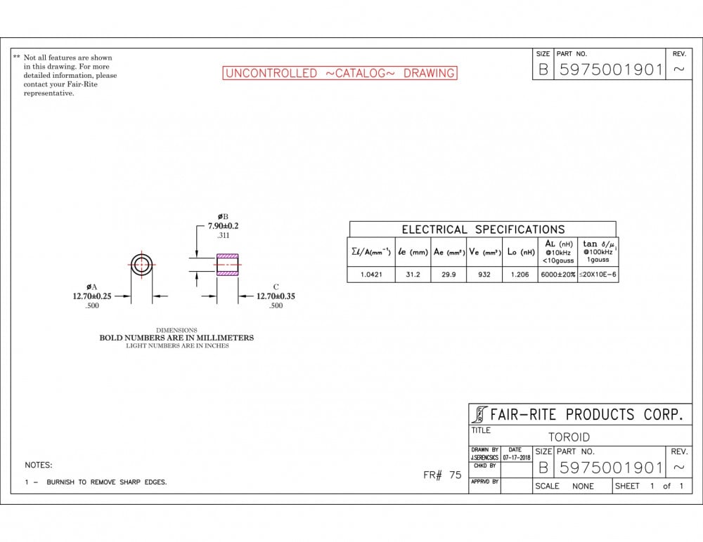 Fair-Rite 5975001901 technical document preview