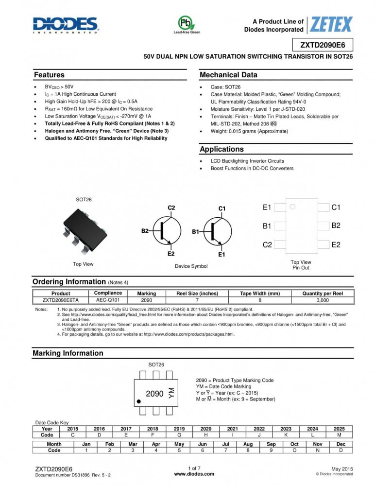 ZXTD2090E6TA datasheet page 1