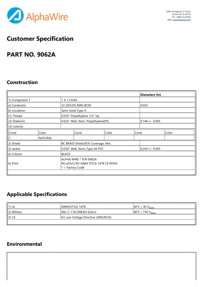 Alpha Wire 9062A technical specification page 1