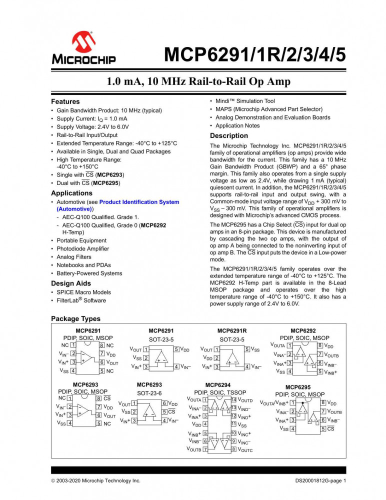 MCP6295 datasheet page 1