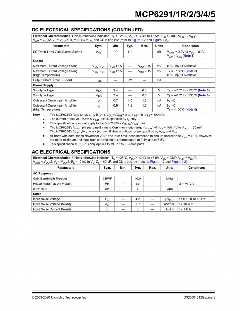 MCP6295 datasheet page 3