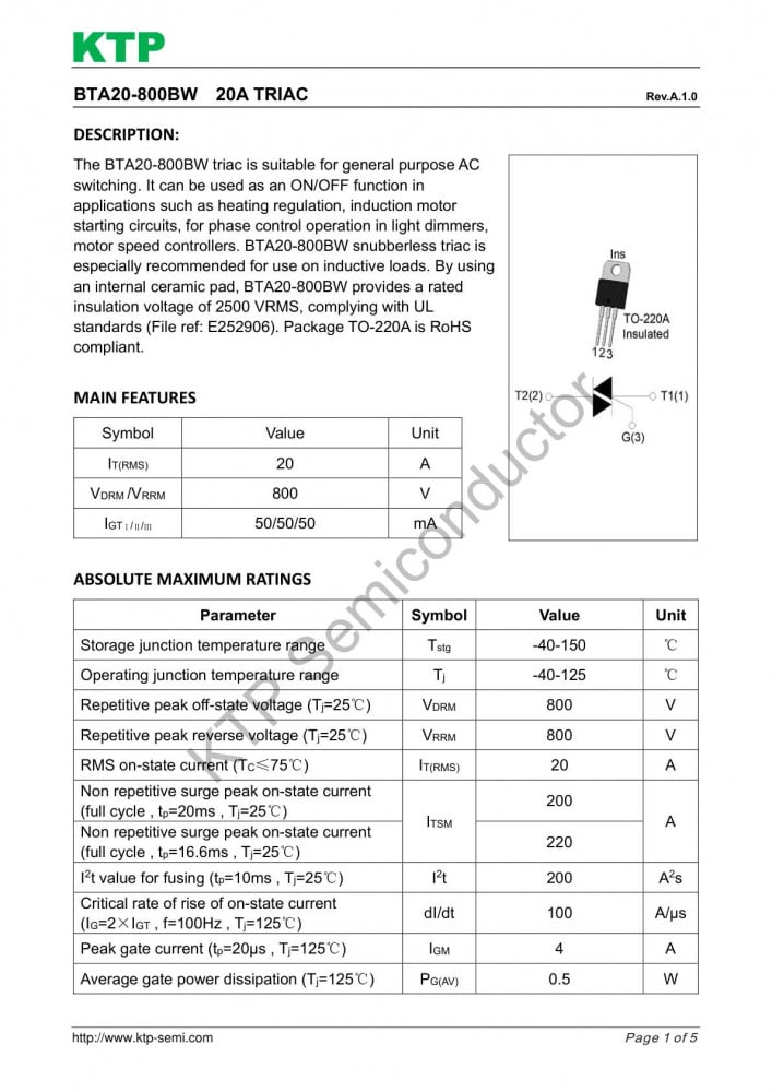 BTA20-800BW technical document page 1