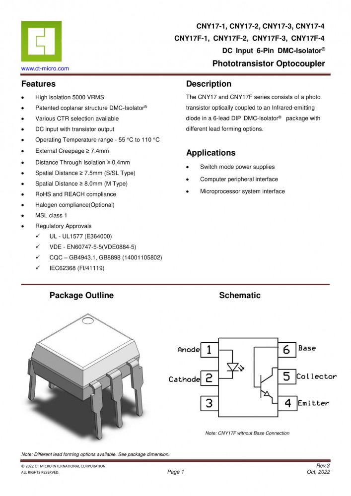 CNY17F-3 datasheet page 1
