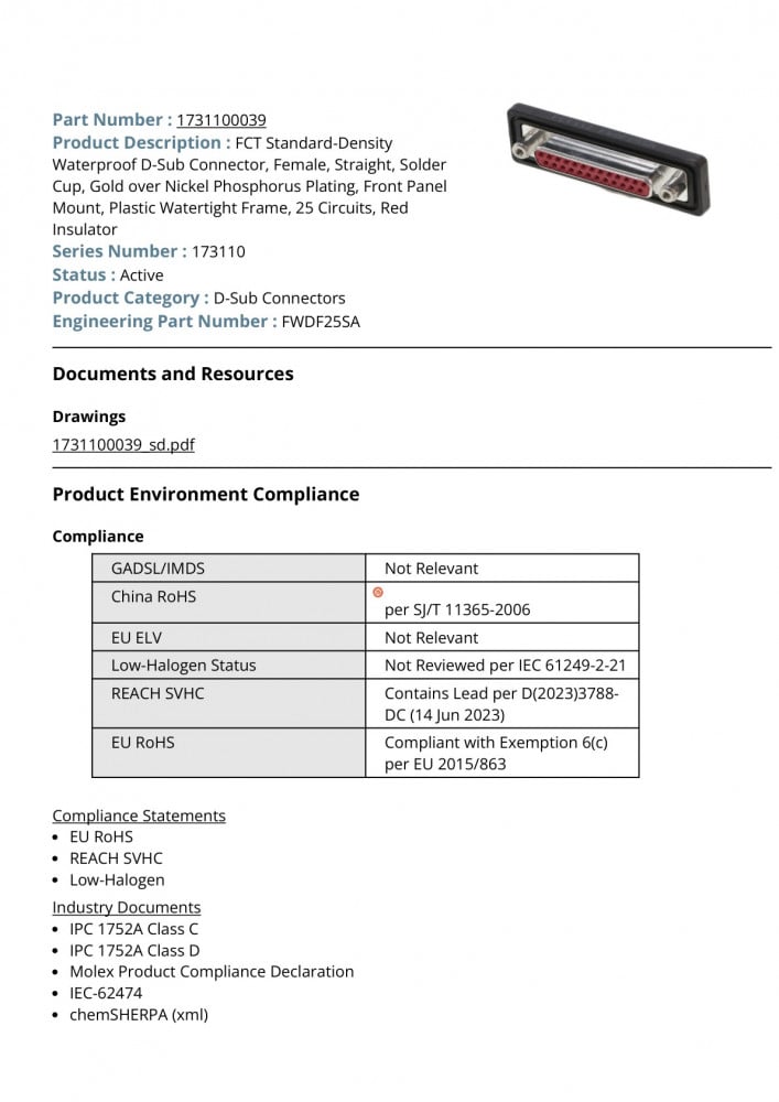MOLEX 1731100039 product drawing preview, page 1
