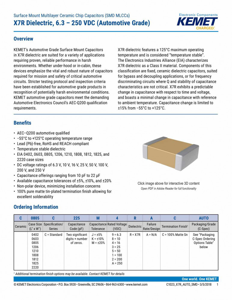KEMET C0603C104K5RACAUTO technical document page 1