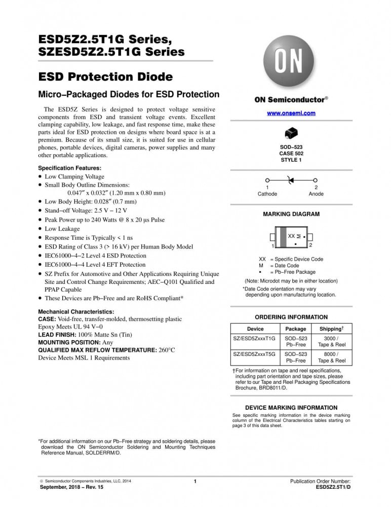 SZESD5Z12T1G datasheet page 1