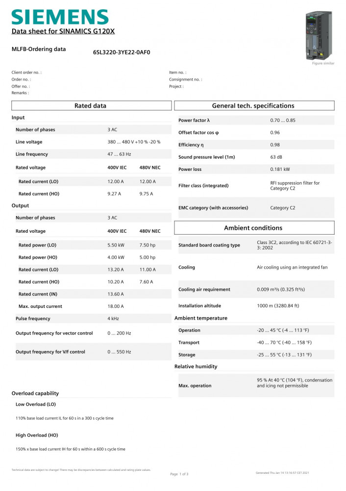 6SL32203YE220AF0 technical document page 1