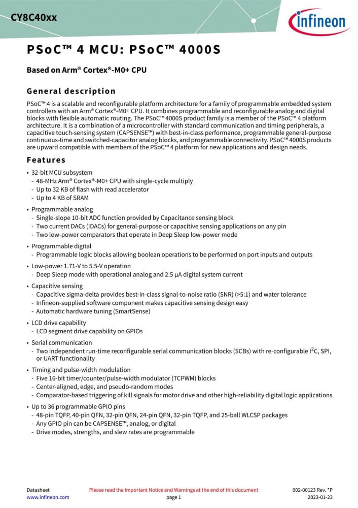 PSoC 4000S datasheet page 1