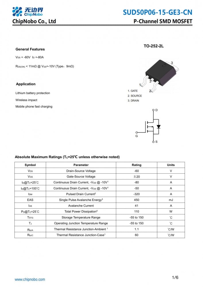 SUD50P06-15-GE3-CN datasheet page 1