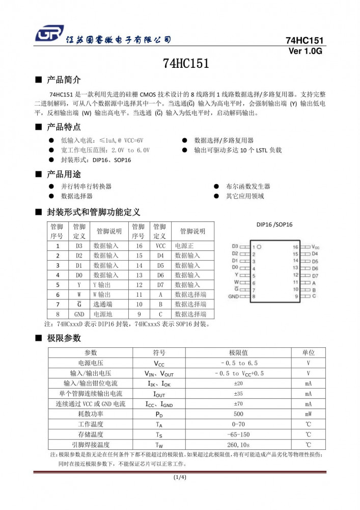 74HC151S technical document page 1
