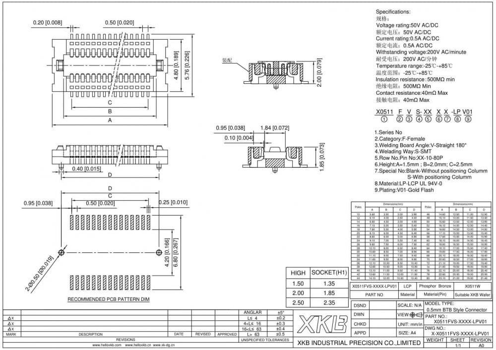 XKB Connection X0511FVS-20C-LPV01 technical drawing