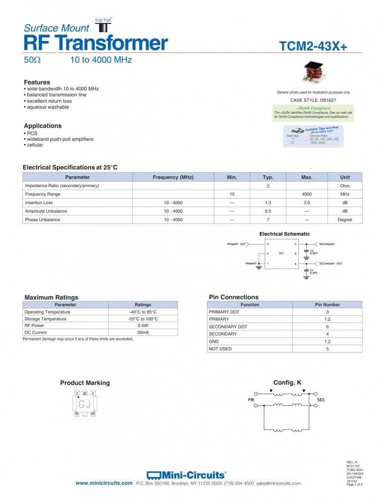 TCM2-43X+ technical specification page