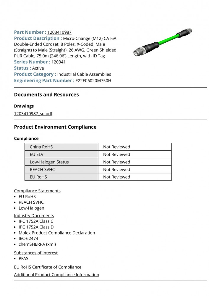 Molex customer drawing page 1, family reference