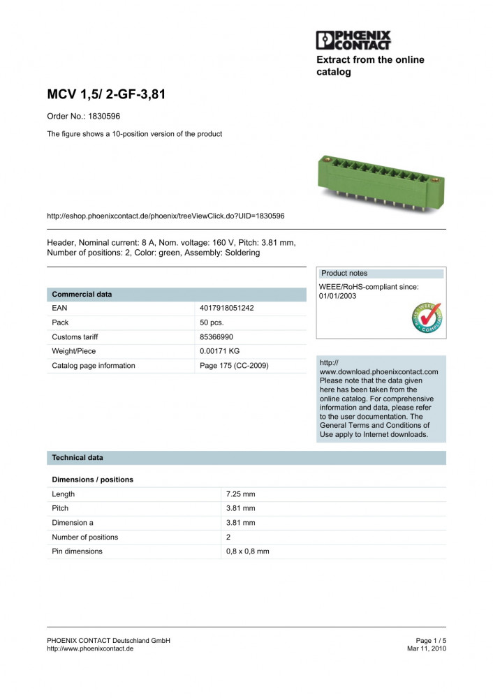 Phoenix Contact 1830596 technical document page 1