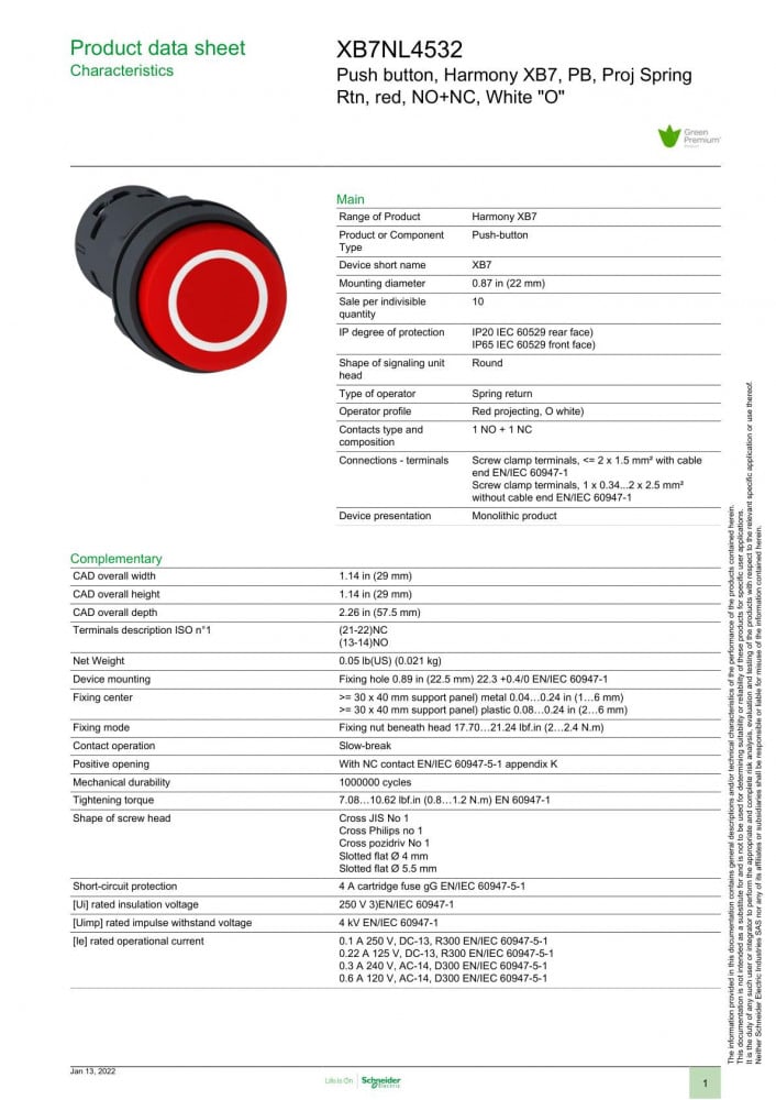 XB7NL4532 technical document page 1