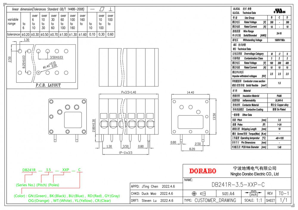 DORABO DB241R-3.5-16P-GN technical drawing preview