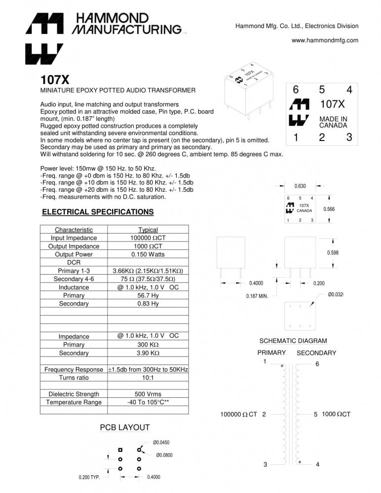 Hammond 107X technical document page 1