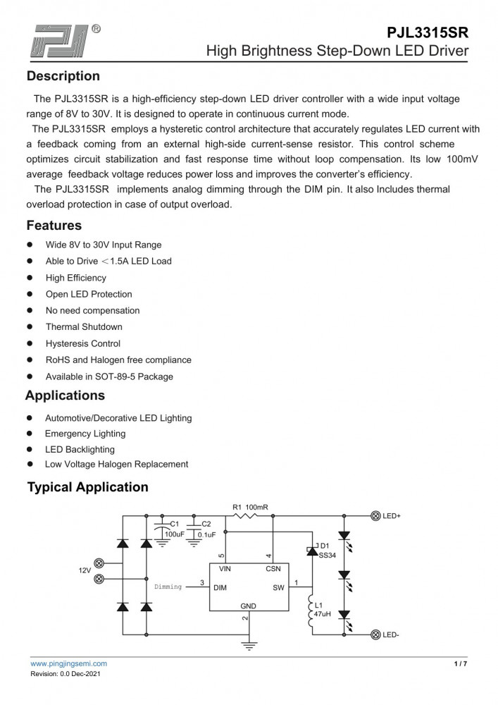 PJL3315SR datasheet page 1