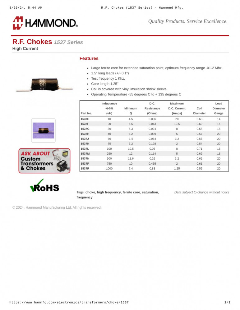 Hammond 1537 series technical document page 1