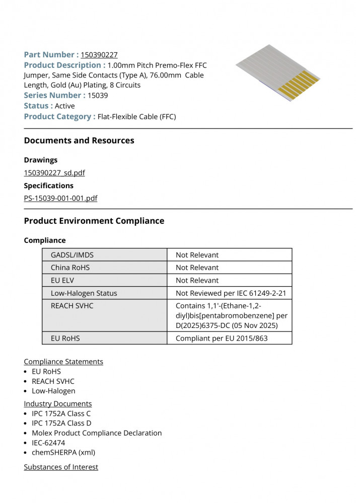 Molex FFC family specification, document page 1