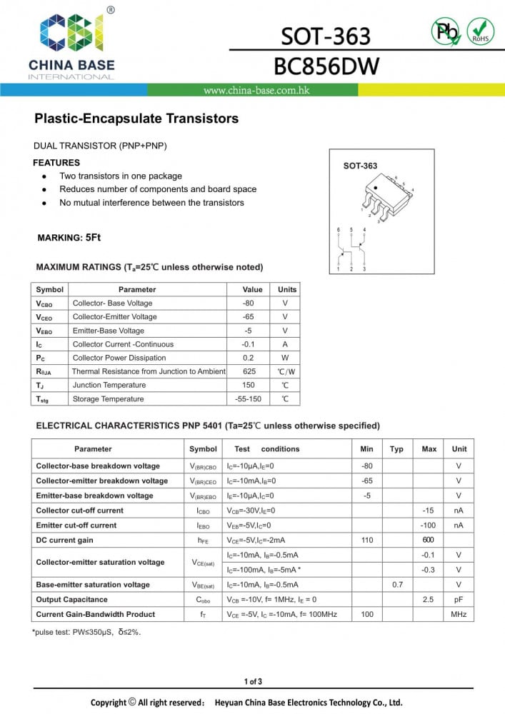 BC856DW technical document page 1
