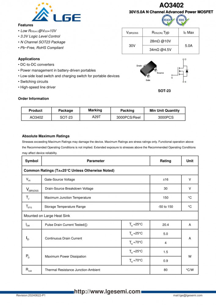 AO3402 datasheet page 1
