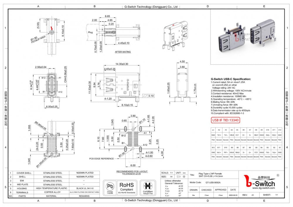 GT-USB-9092A technical drawing page 1