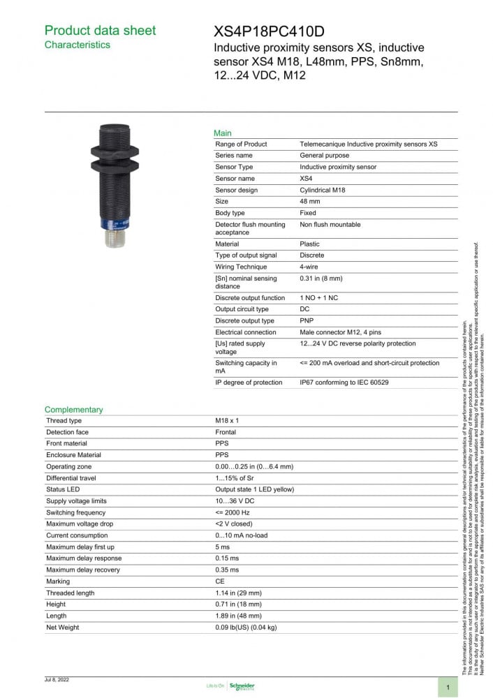 XS4P18PC410D technical document page 1