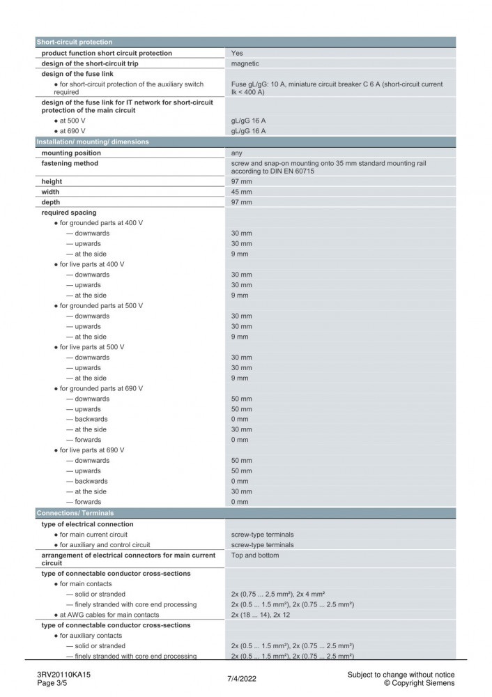SIEMENS 3RV20110KA15 datasheet page 3