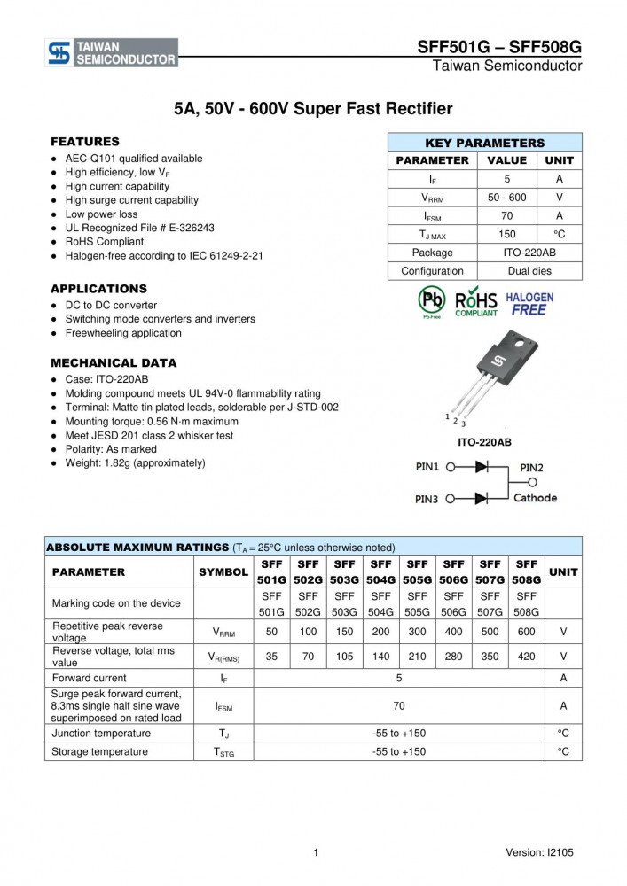 SFF502G technical document page 1