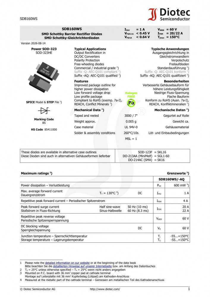 SDB160WS datasheet page 1