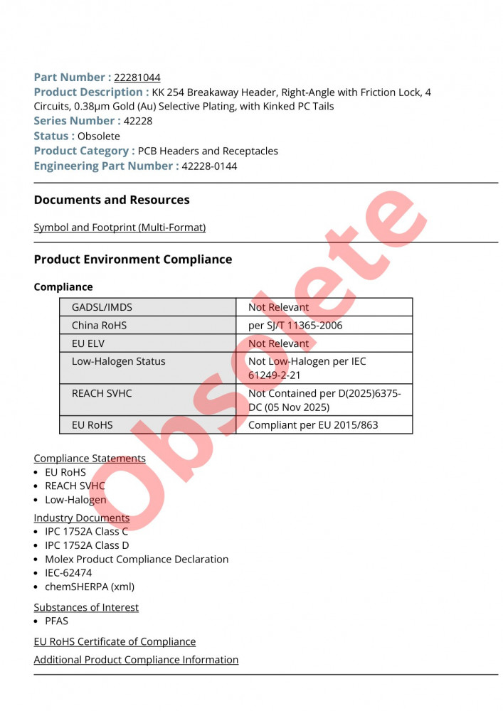Technical document page 1 for MOLEX 22281044