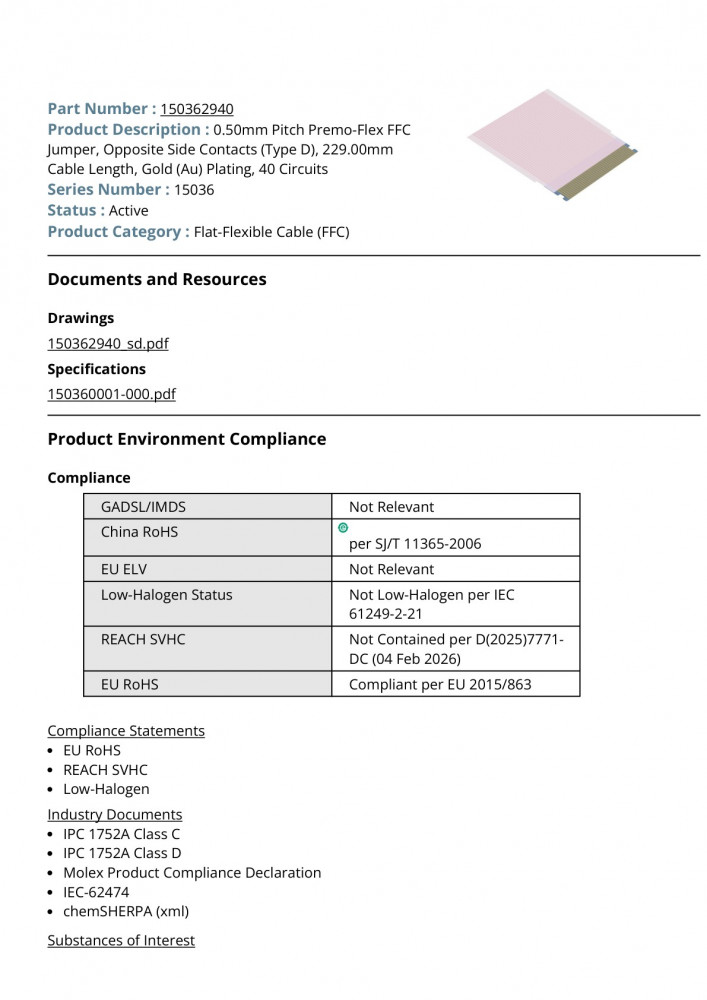 MOLEX FFC product-family specification, page 1
