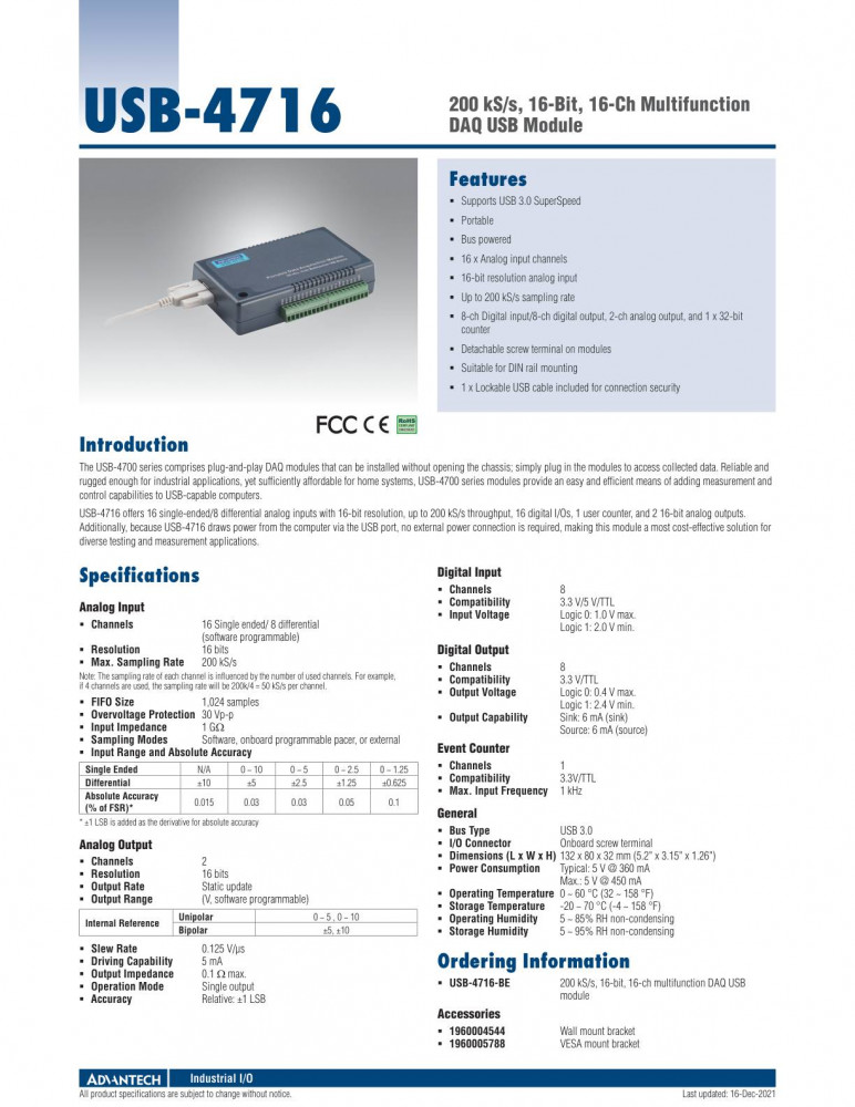 ADVANTECH USB-4716 product documentation page