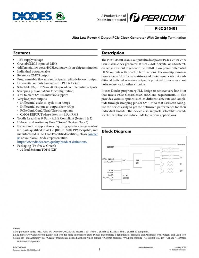 PI6CG15401 datasheet page 1