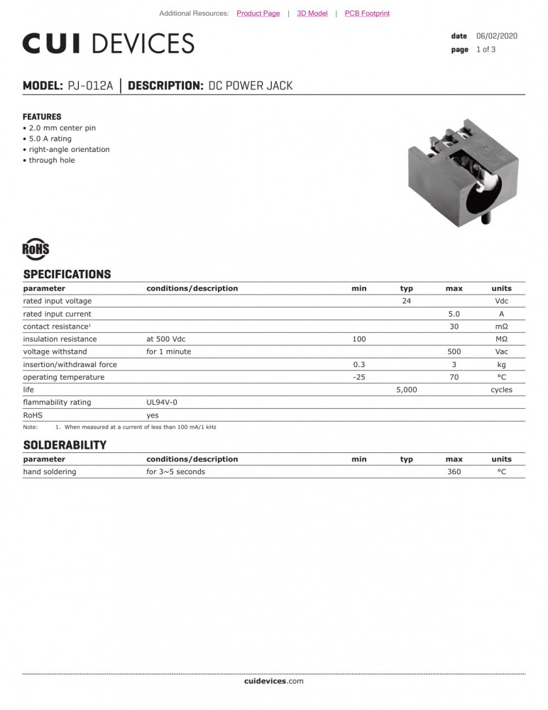 CUI PJ-012A datasheet page 1