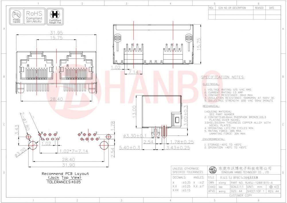 RJ45J-12881B15-A technical drawing