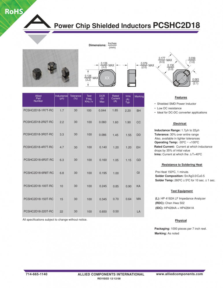 Allied Components International PCSHC2D18 series technical document page