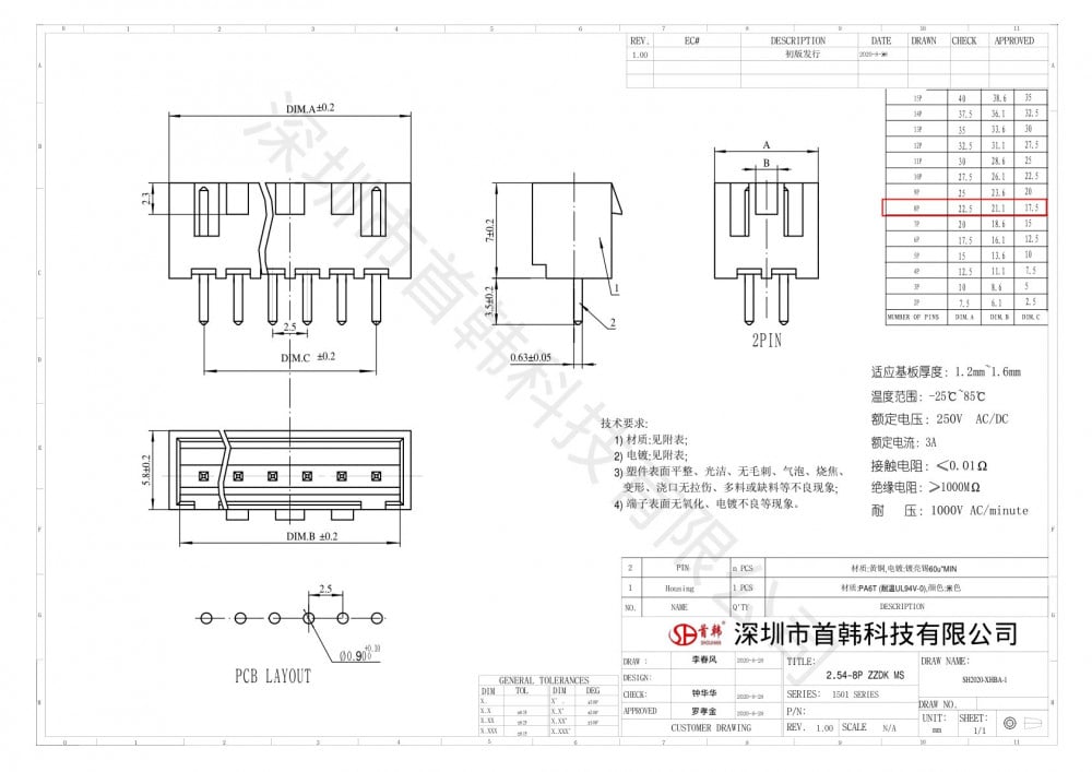 SHOU HAN 2.54-8P ZZDK MS specification page 1