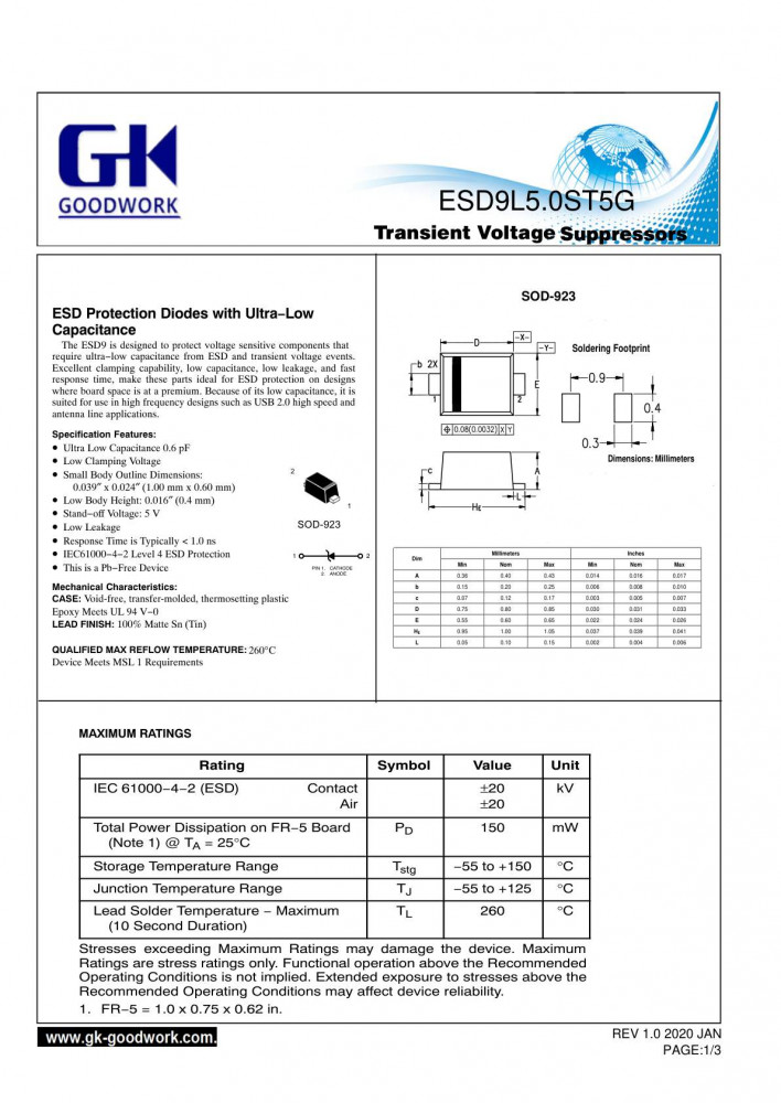GOODWORK ESD9L5.0ST5G technical document page 1