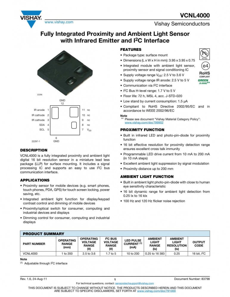 VCNL4000 datasheet page 1