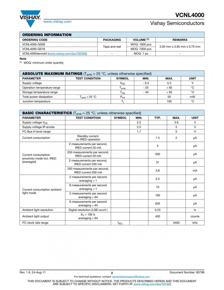 VCNL4000 datasheet page 2