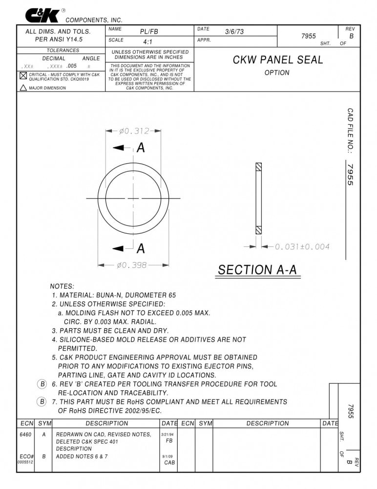 C&K 7955 drawing, panel seal option