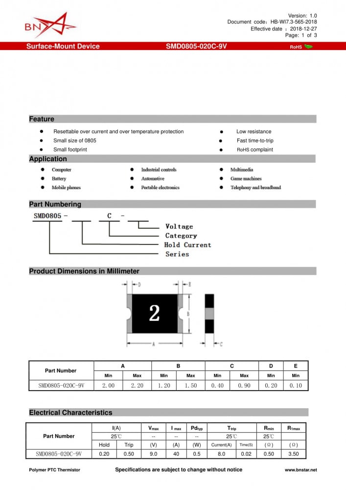 BNstar SMD0805-020C-9V datasheet page 1