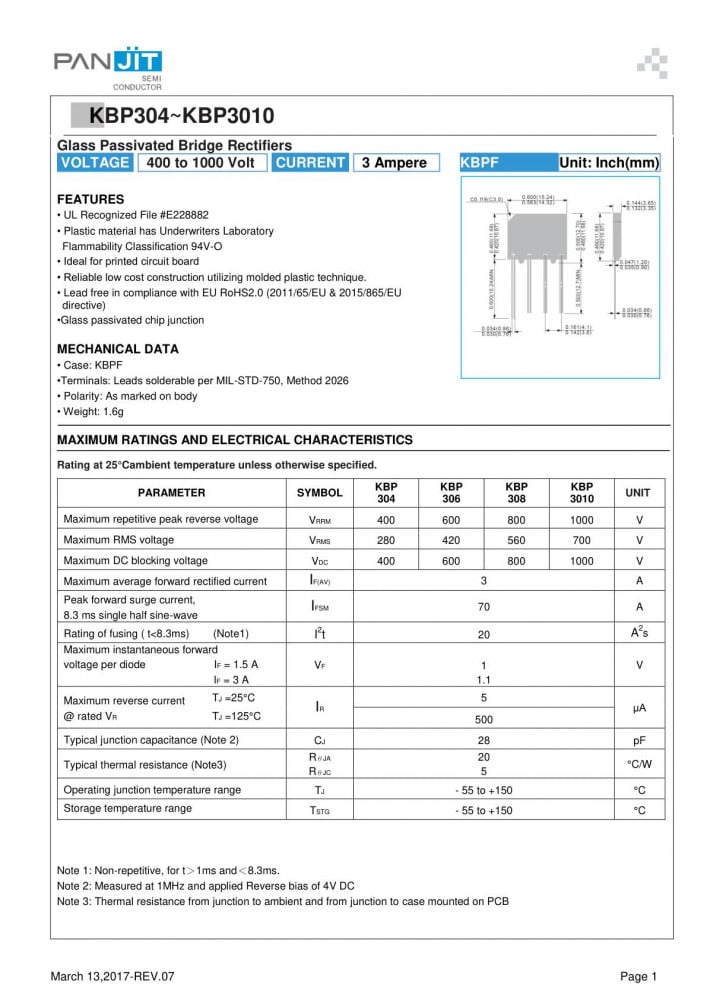 PANJIT KBP3010 datasheet page 1