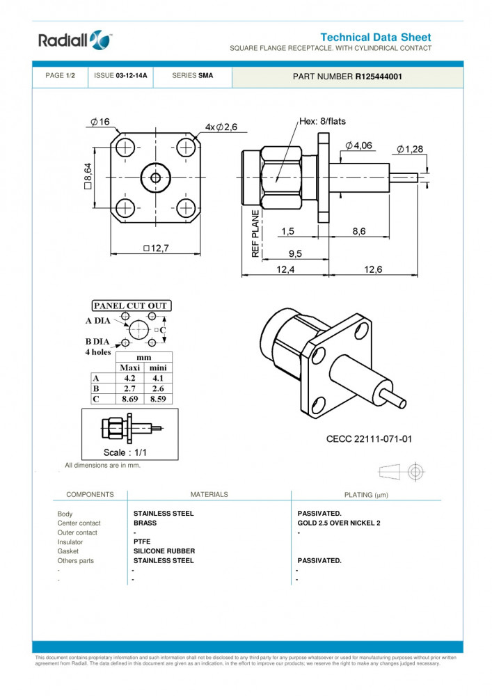 Radiall R125444001 SMA connector datasheet, page 1