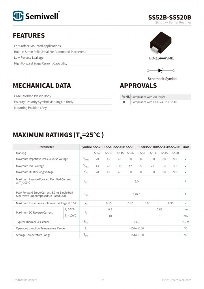 SS52B datasheet preview page 1