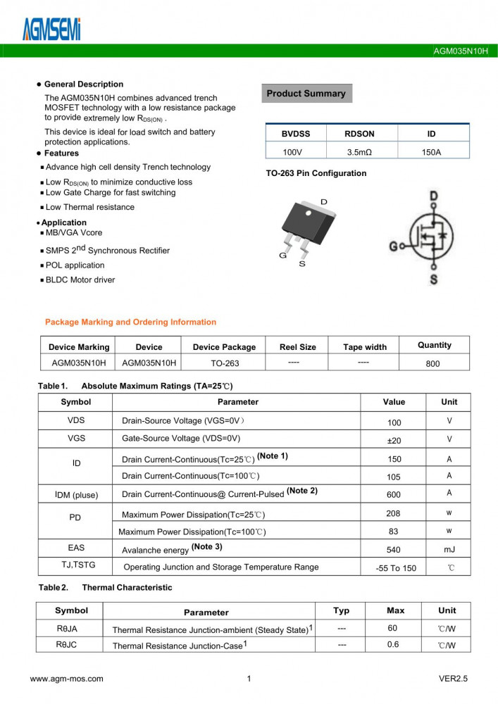 AGM035N10H datasheet page 1