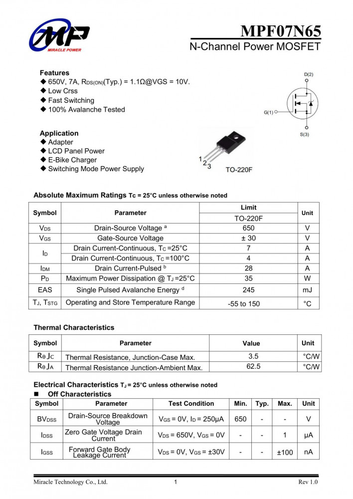 MPF07N65 datasheet page 1